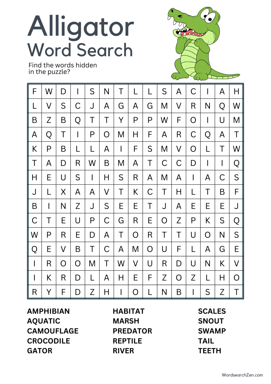 Alligator Word Search Free Printable PDF File - WordsearchZen.com