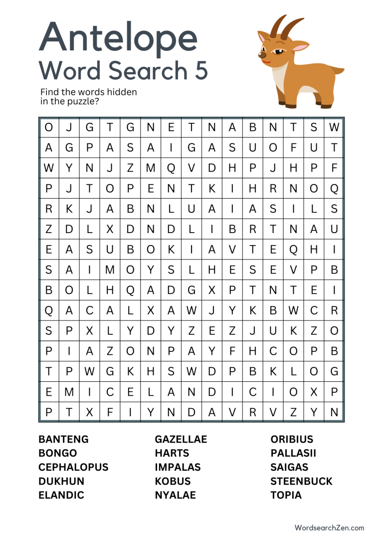 Antelope Word Search Free Printable PDF File - WordsearchZen.com