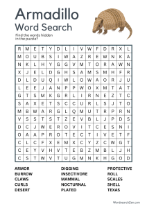 Armadillo Word Search Free Printable PDF File - WordsearchZen.com