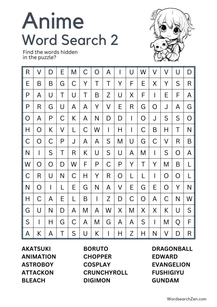 Anime Word Search Free Printable PDF File - WordsearchZen.com