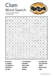 Clam Word Search Free Printable PDF File - WordsearchZen.com
