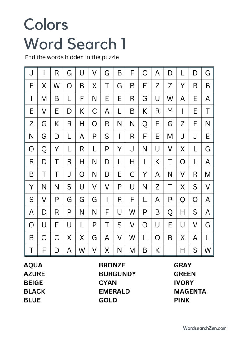 Colors Word Search 1 Free Printable PDF File - WordsearchZen.com