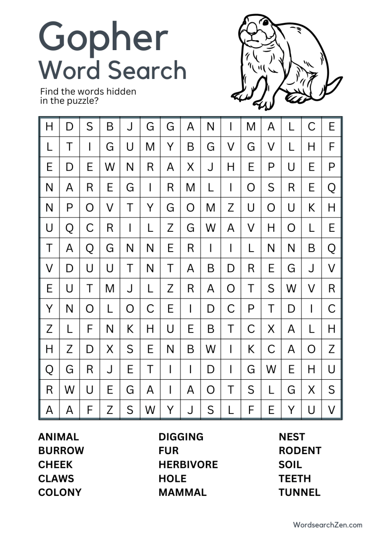 Gopher Word Search Free Printable PDF File - WordsearchZen.com