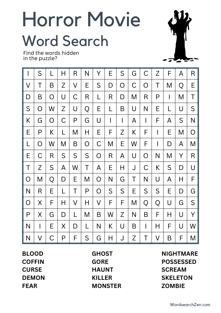Horror Movie Word Search Free Printable PDF File WordsearchZen
