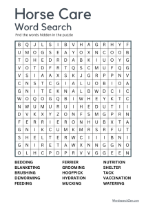 Horse Care Word Search Free Printable PDF File - WordsearchZen.com