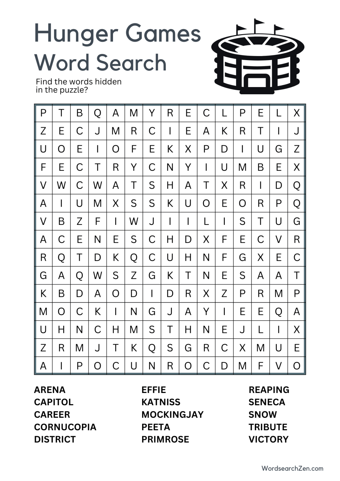 Hunger Games Word Search Free Printable PDF File - WordsearchZen.com