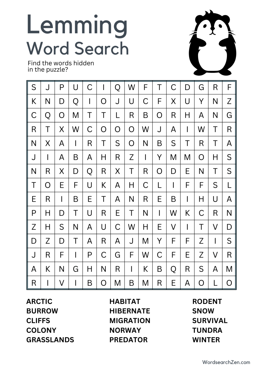 Lemming Word Search Free Printable PDF File - WordsearchZen.com