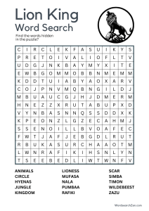 Lion King Word Search Free Printable PDF File - WordsearchZen.com