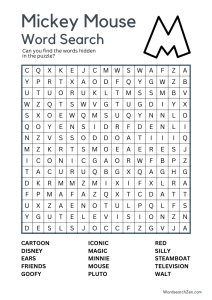 Mickey Mouse Word Search Free Printable PDF File - WordsearchZen.com