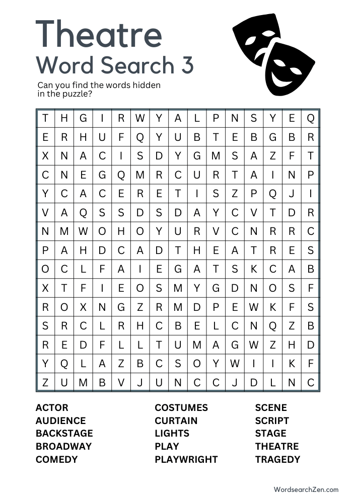 Theatre Word Search Free Printable PDF File - WordsearchZen.com
