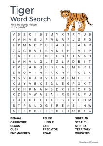 Tiger Word Search Free Printable PDF File - WordsearchZen.com