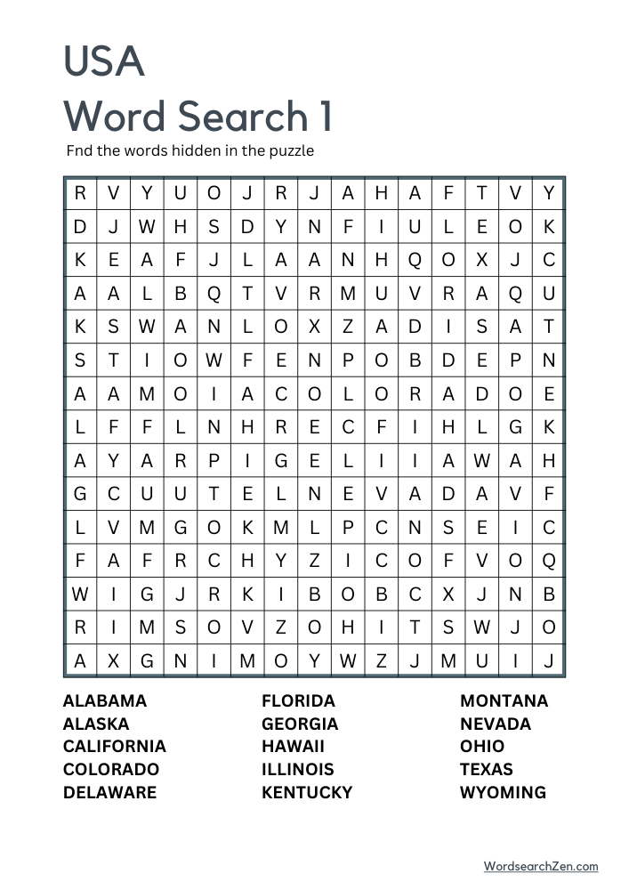 USA States Word Search Free Printable PDF File - WordsearchZen.com