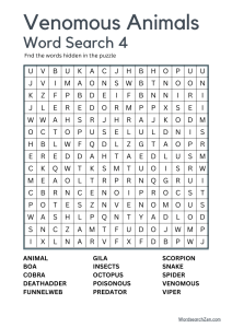 Venomous Animals Word Search Free Printable PDF File - WordsearchZen.com