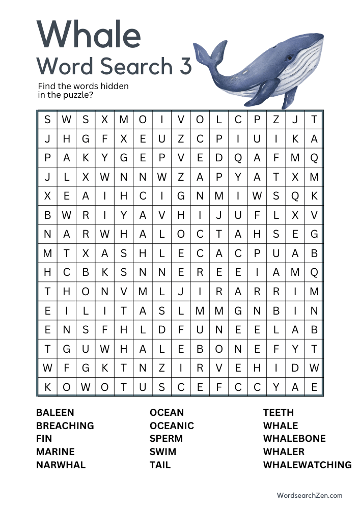 Whale Word Search Free Printable PDF File - WordsearchZen.com