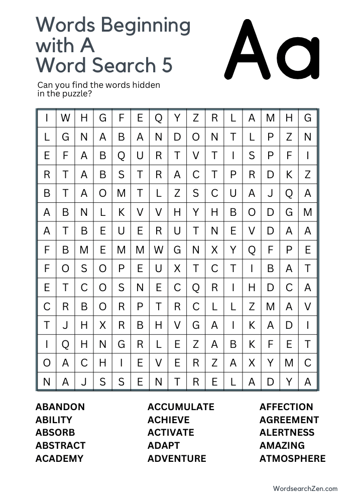 Words Beginning with A Word Search 20 Free Printable PDF File ...