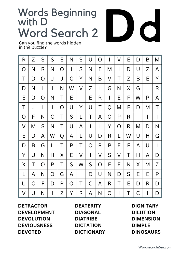 Words Beginning with D Word Search 5 Free Printable PDF File ...