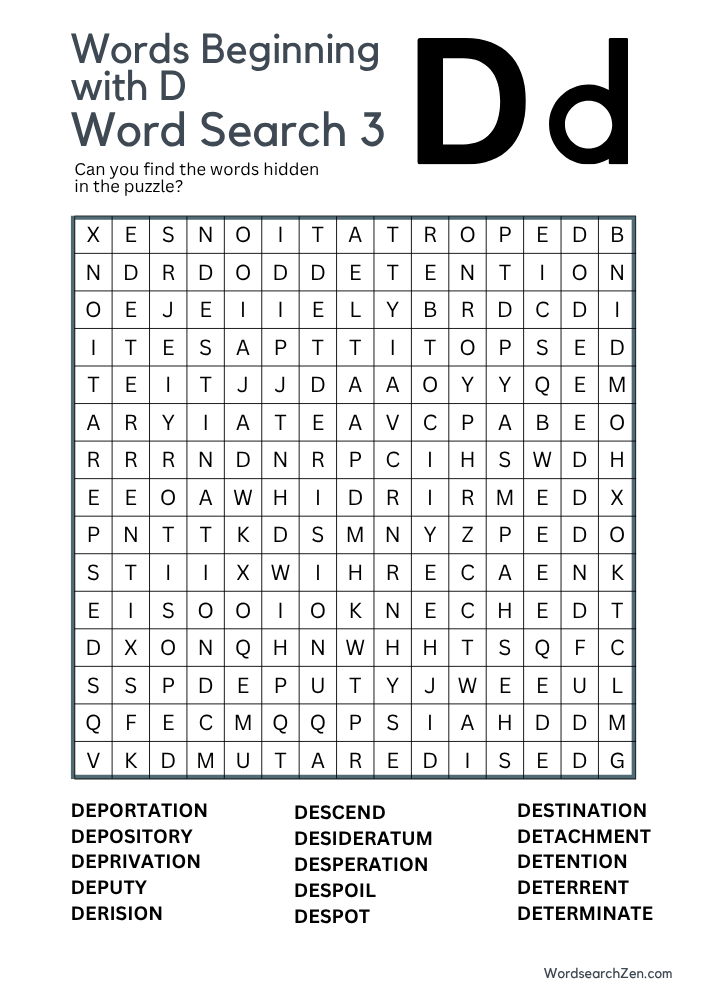 Words Beginning with D Word Search 5 Free Printable PDF File ...