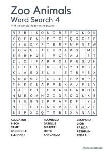 Zoo Animals Word Search Free Printable PDF File - WordsearchZen.com
