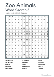 Zoo Animals Word Search Free Printable PDF File - WordsearchZen.com