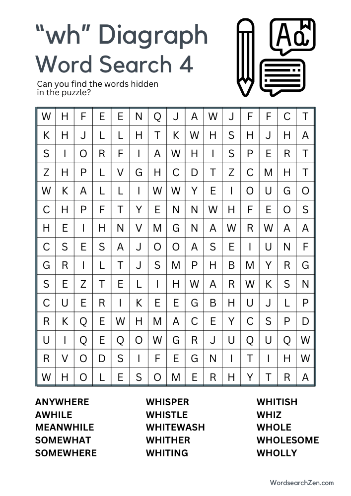 wh Diagraph Word Search Free Printable PDF File - WordsearchZen.com