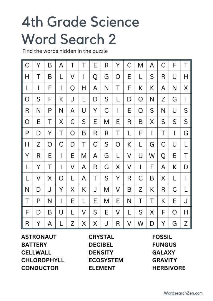 4th Grade Science Word Search Free Printable PDF File - WordsearchZen.com