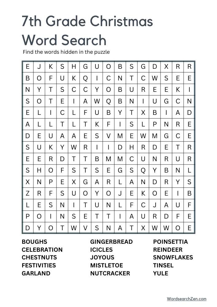 7th Grade Christmas Word Search Free Printable PDF File - WordsearchZen.com