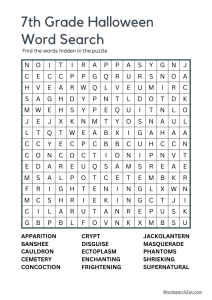 7th Grade Halloween Word Search Free Printable PDF File - WordsearchZen.com