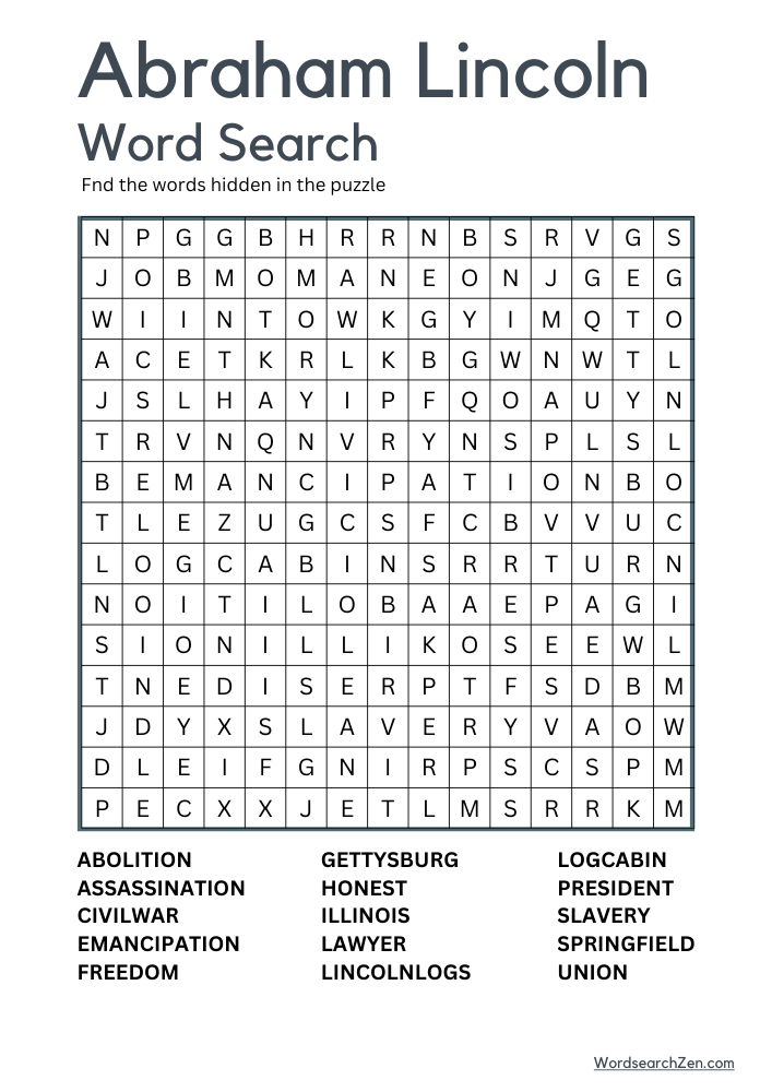 Abraham Lincoln Word Search Free Printable PDF File - WordsearchZen.com
