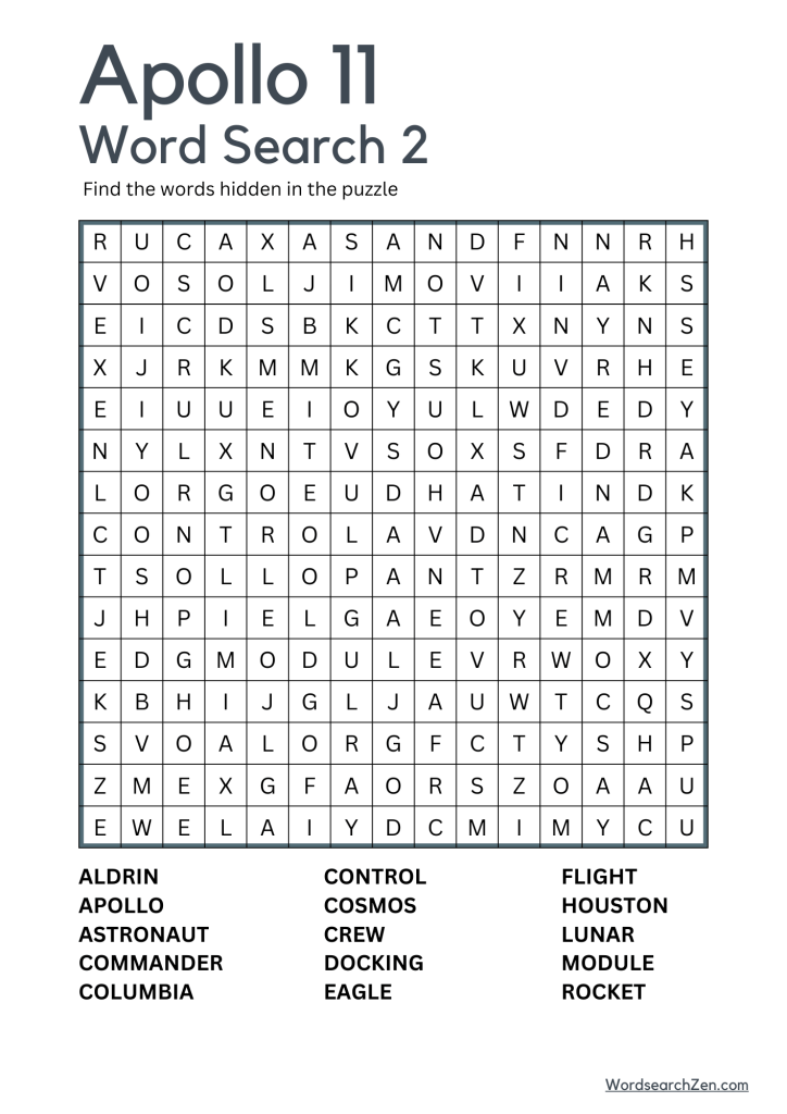 Apollo 11 Word Search Free Printable PDF File - WordsearchZen.com