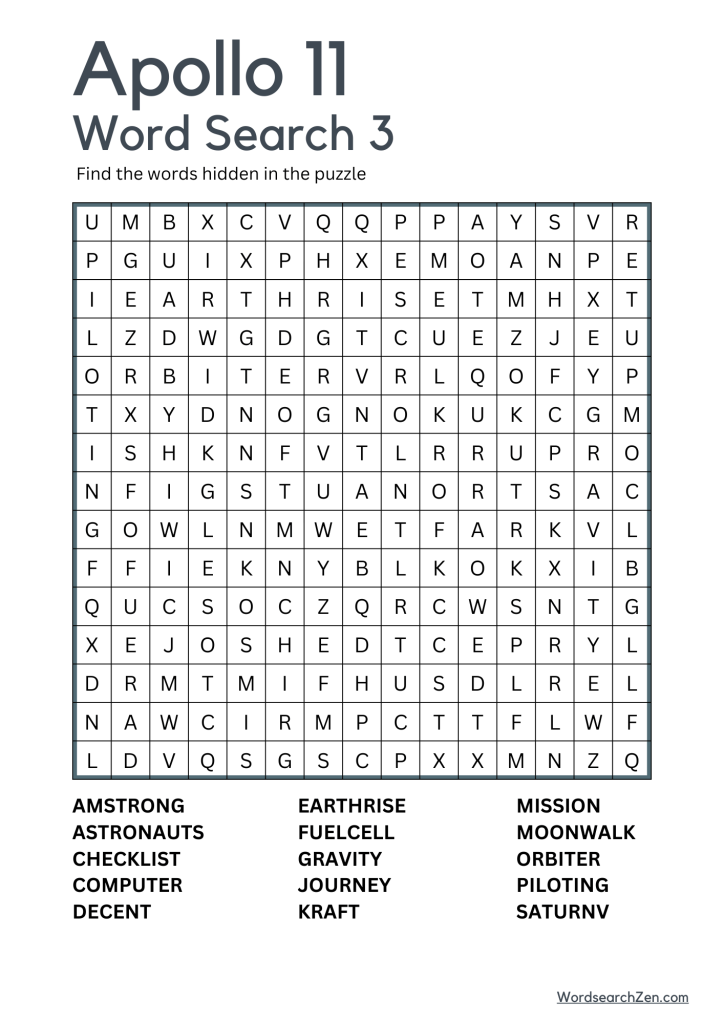 Apollo 11 Word Search Free Printable PDF File - WordsearchZen.com