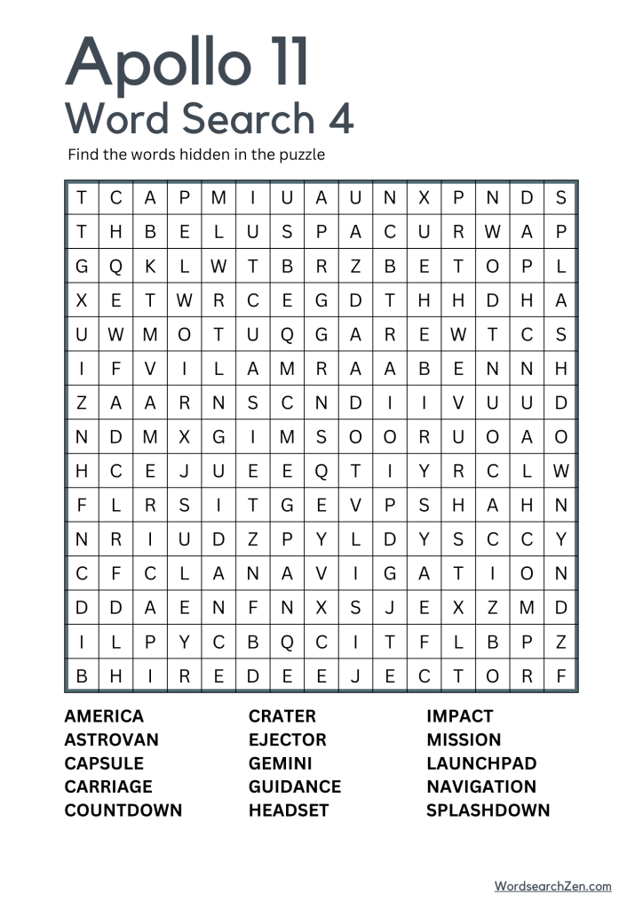 Apollo 11 Word Search Free Printable PDF File - WordsearchZen.com