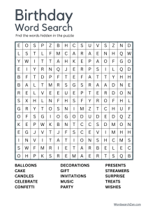 Birthday Word Search Free Printable PDF File - WordsearchZen.com