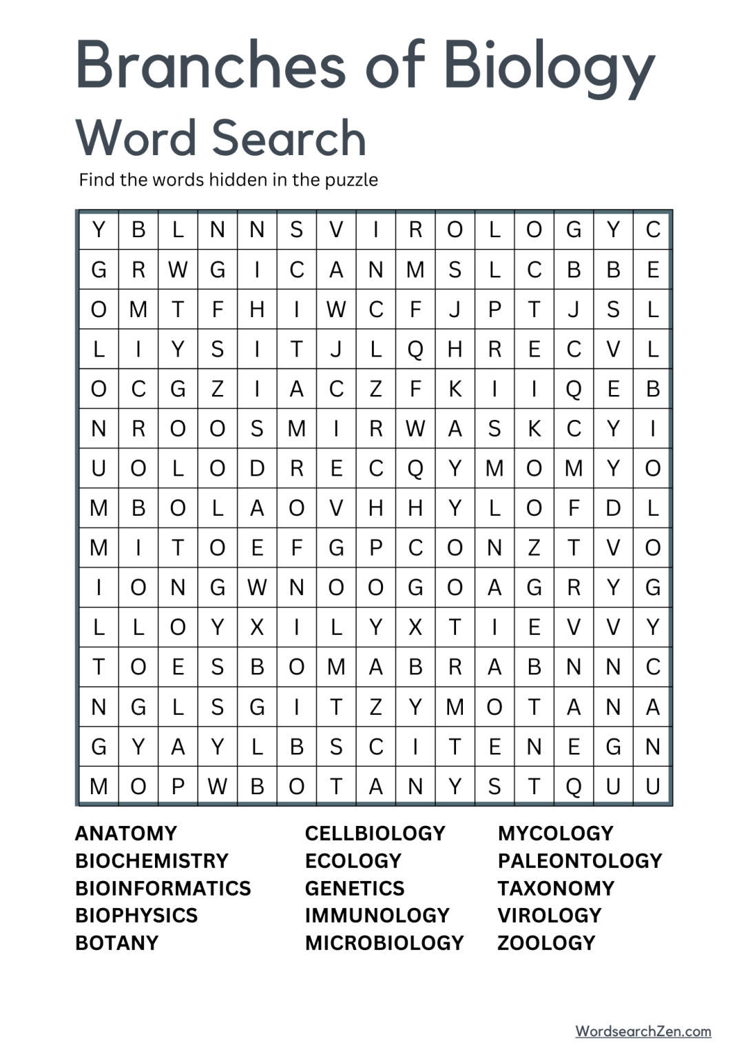 Branches of Biology Word Search Free Printable PDF File - WordsearchZen.com