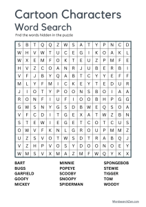 Cartoon Characters Word Search Free Printable PDF File - WordsearchZen.com
