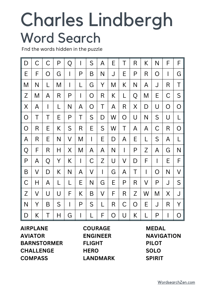 Charles Lindbergh Word Search Free Printable PDF File - WordsearchZen.com