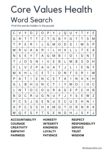 Core Values Health Word Search Free Printable PDF File - WordsearchZen.com