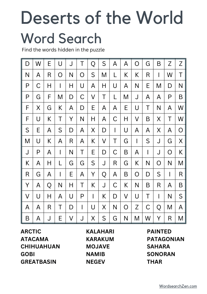 Deserts of the World Word Search Free Printable PDF File ...
