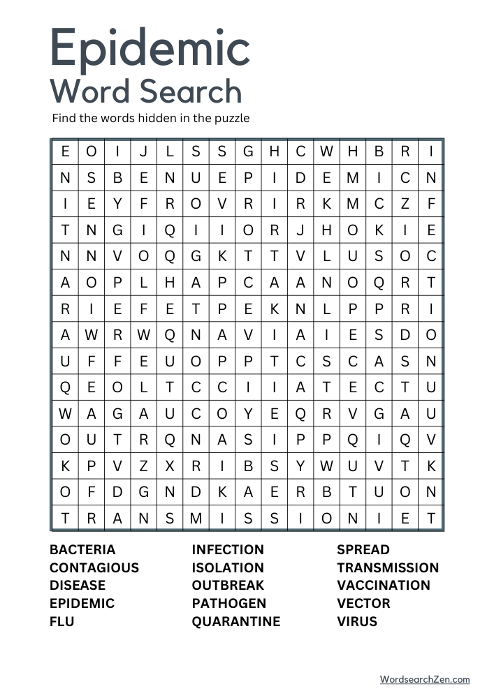 Epidemic Word Search Free Printable PDF File - WordsearchZen.com