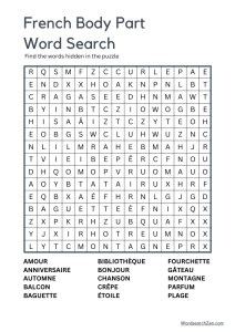 French Body Part Word Search Free Printable PDF File - WordsearchZen.com