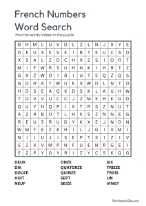 French Numbers Word Search Free Printable PDF File - WordsearchZen.com
