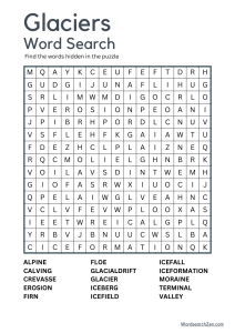 Glaciers Word Search Free Printable PDF File - WordsearchZen.com