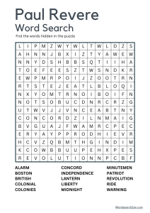 Paul Revere Word Search Free Printable PDF File - WordsearchZen.com