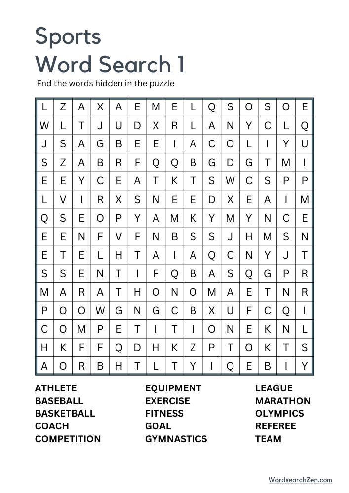 Sports Word Search 1 Free Printable PDF File - WordsearchZen.com