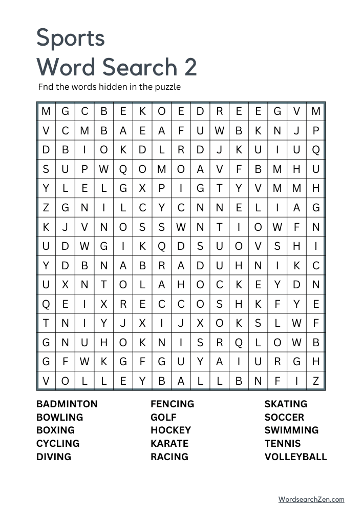 Sports Word Search 2 Free Printable PDF File - WordsearchZen.com