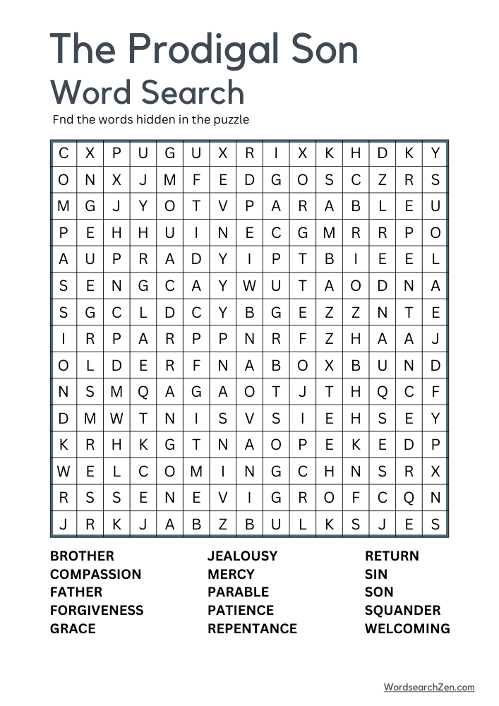 The Prodigal Son Word Search Free Printable PDF File - WordsearchZen.com
