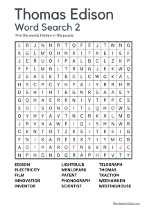 Thomas Edison Word Search Free Printable PDF File - WordsearchZen.com