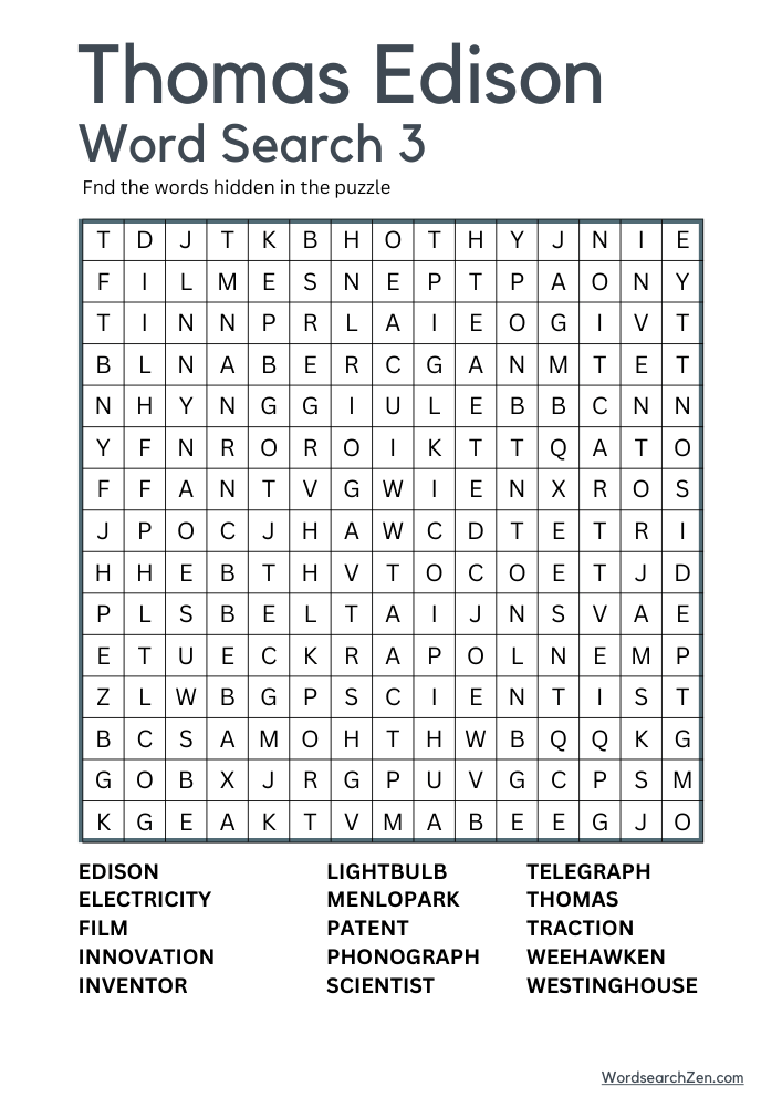 Thomas Edison Word Search Free Printable PDF File - WordsearchZen.com