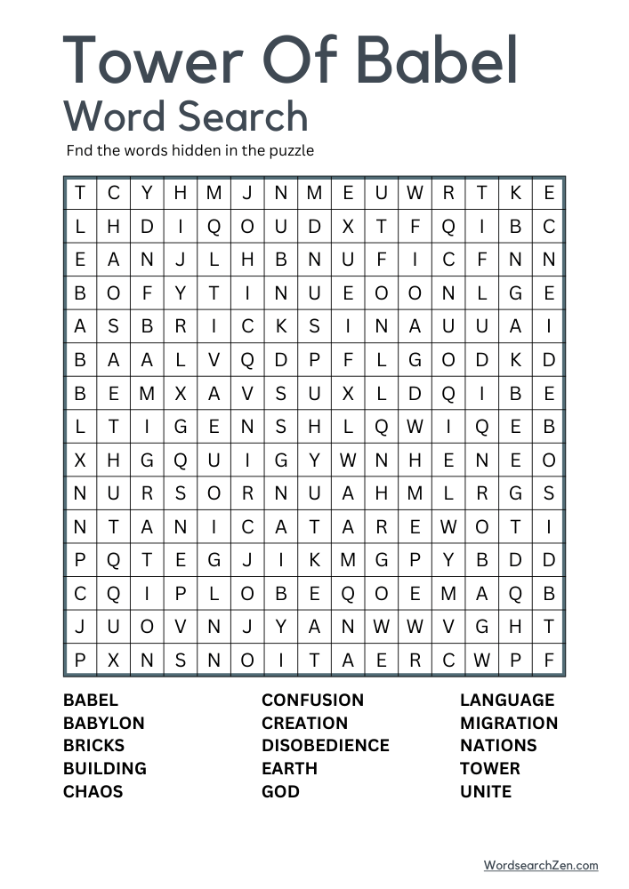Tower Of Babel Word Search Free Printable PDF File - WordsearchZen.com