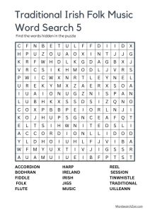 Traditional Irish Folk Music Word Search Free Printable PDF File ...