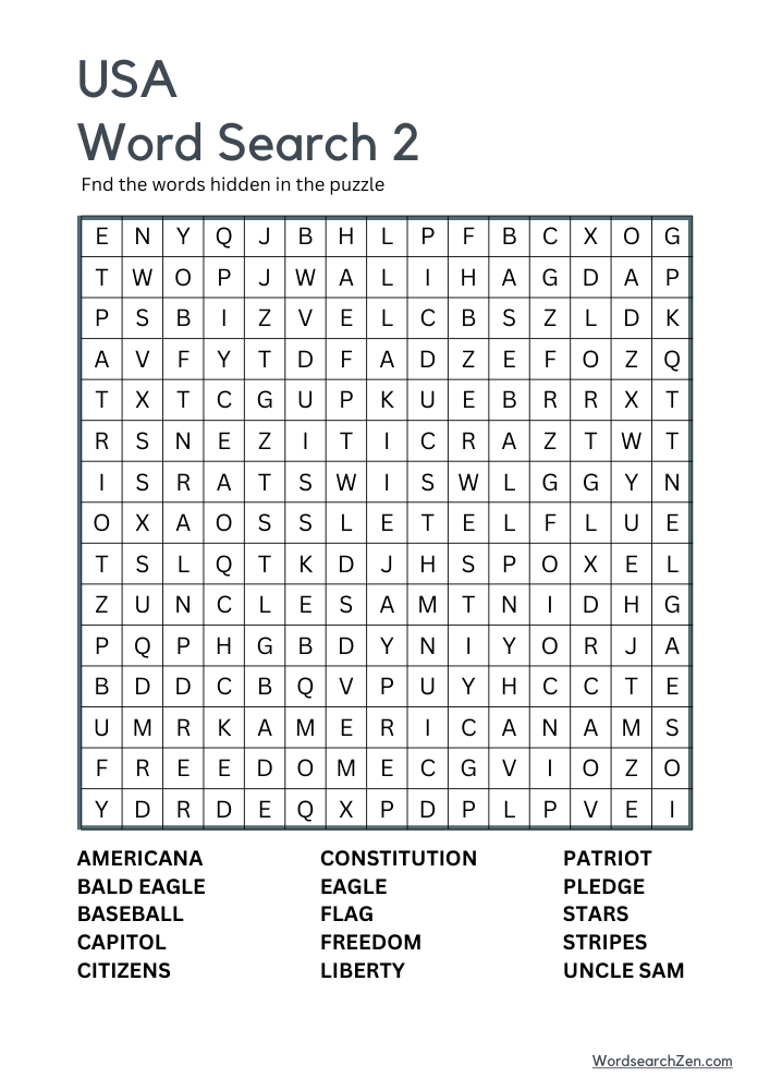 USA Word Search 2 Free Printable PDF File - WordsearchZen.com